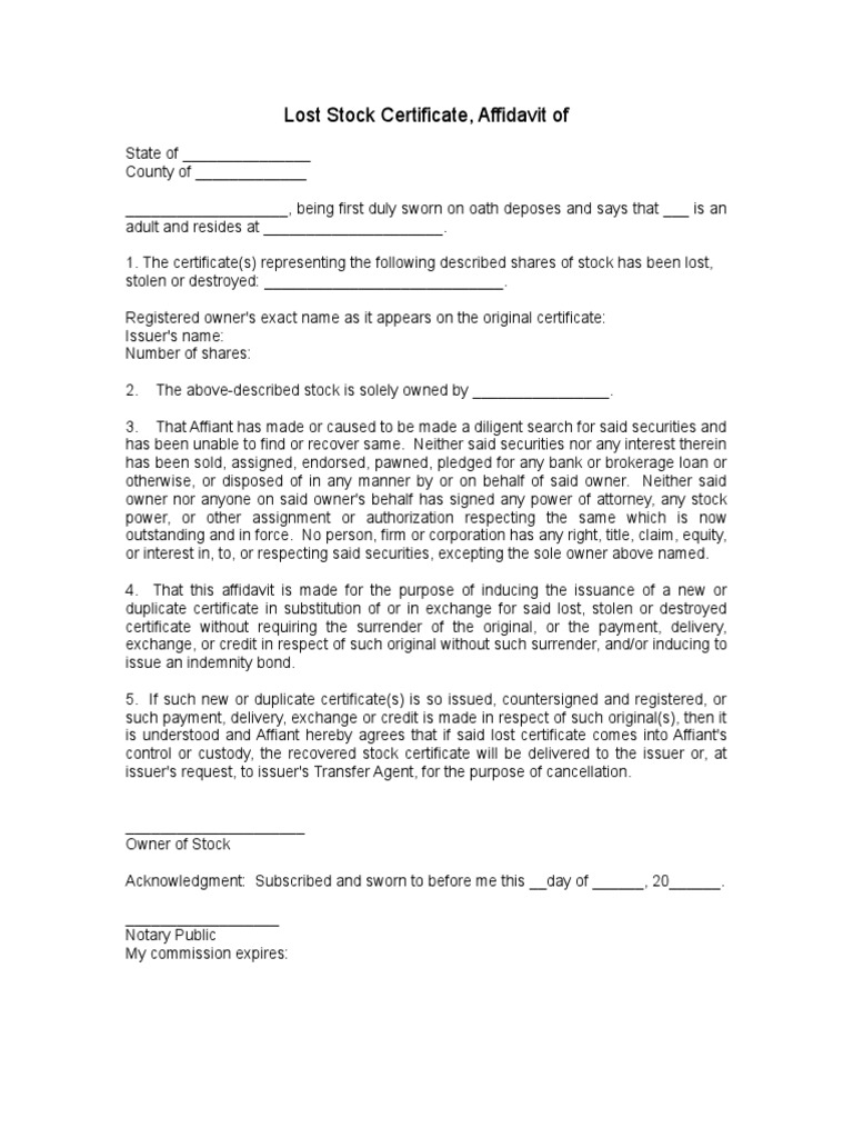 Lost Stock Certificate, Affidavit of | Download Free PDF | Affidavit ...