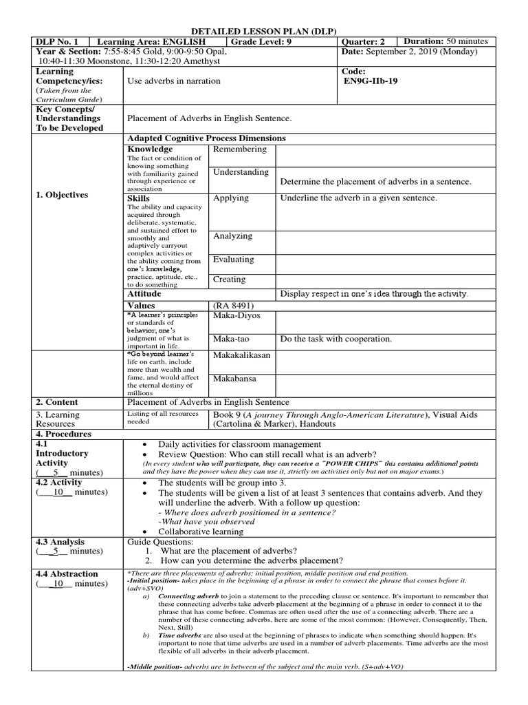Iplan 1 Placement of Adverb | PDF | Adverb | Sentence (Linguistics)