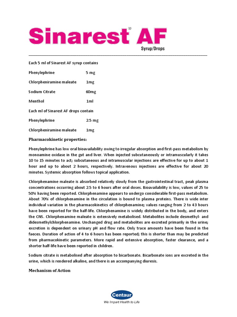 Sinarest AF Syrup/Drops: Uses & Dosage | PDF | Pharmacokinetics | Blood ...