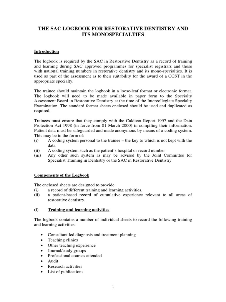 The Sac Logbook For Restorative Dentistry and Its Monospecialties | PDF ...