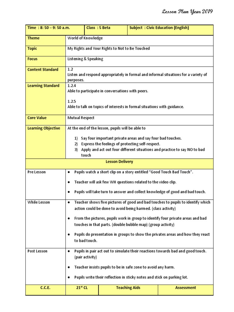 Lesson Note Mutual Respect Yr 5 | PDF | Lesson Plan | Teachers