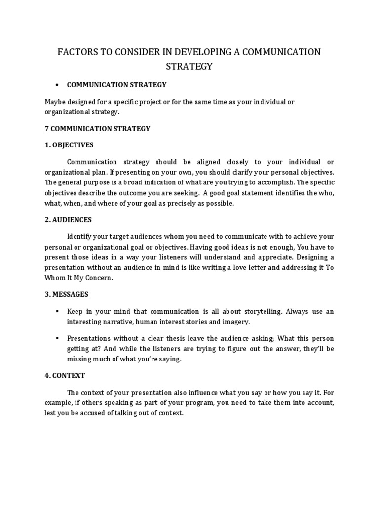 FACTORS TO CONSIDER IN DEVELOPING A COMMUNICATION STRATEGY Document | PDF