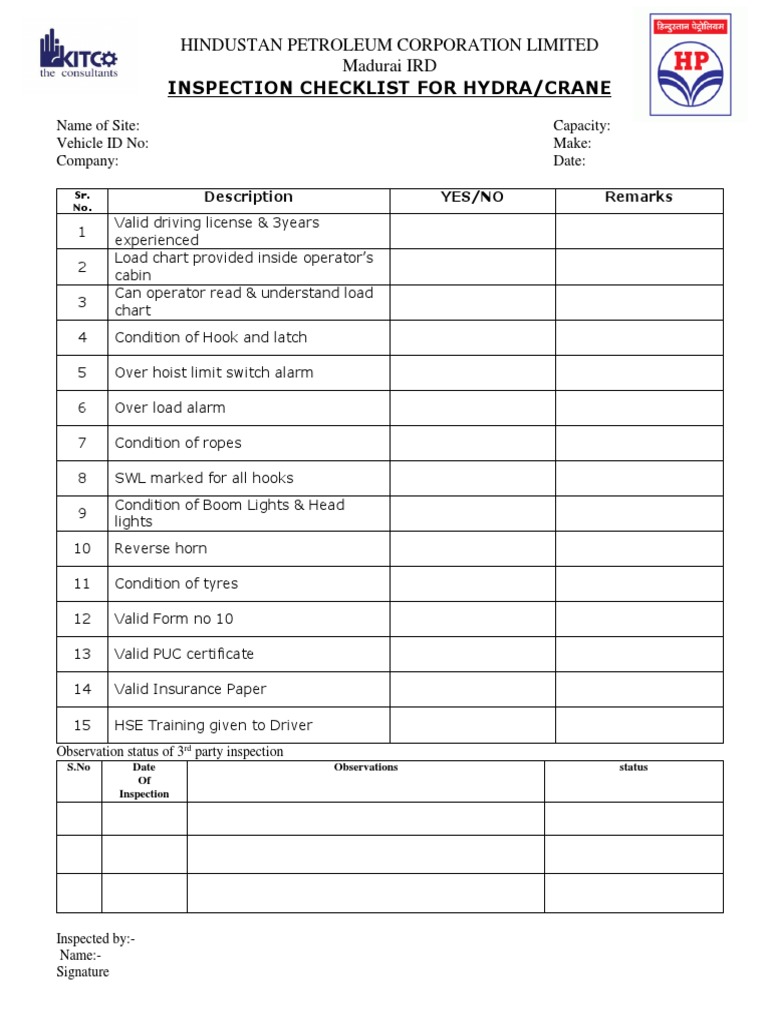Inspection Checklist Hydra | PDF