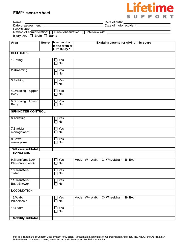 FIM Score Sheet1 | PDF | Wheelchair | Neuroscience