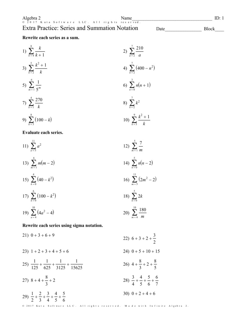 Extra Practice Series and Summation Notation 1v3r7i1 | PDF | Summation ...