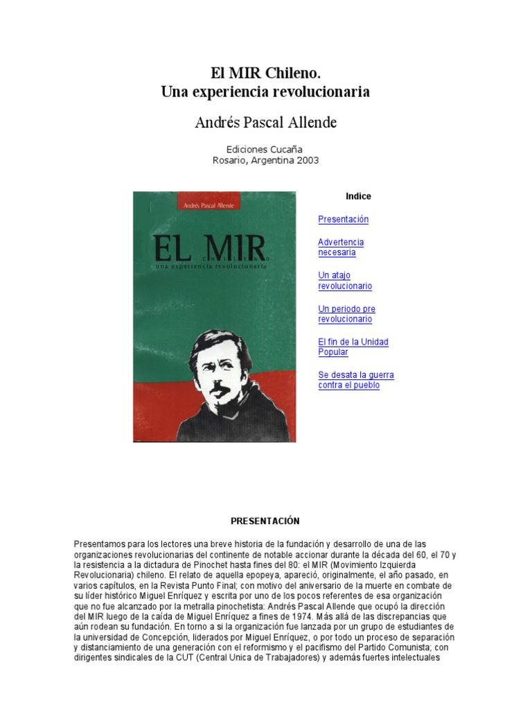 El MIR Chileno - Una Experiencia Revolucionaria Andres Pascal Allende ...