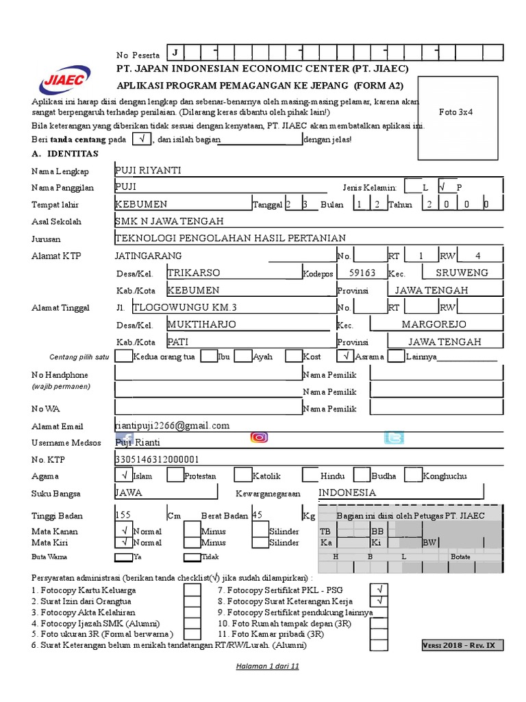Form Aplikasi PT. JIAEC 2018 Puji | PDF