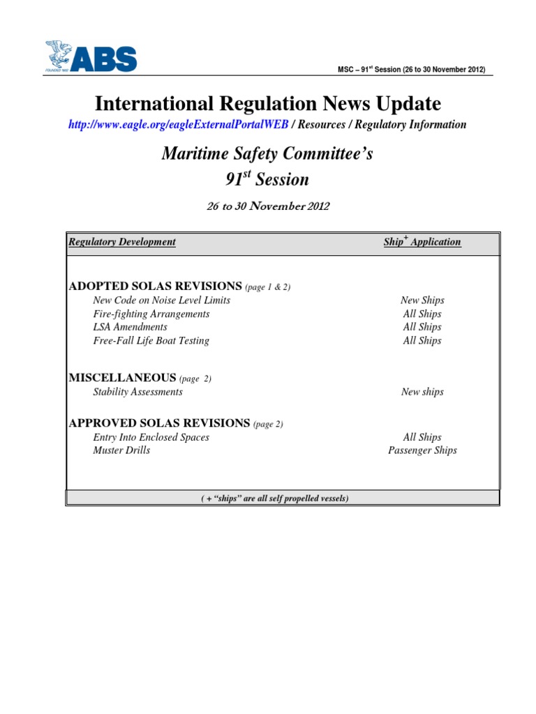 Summary of Key Revisions to SOLAS Regulations Adopted at the MSC-91 ...