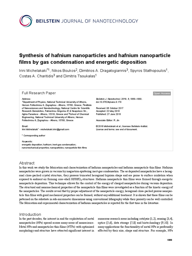 Synthesis of Hafnium Nanoparticles and Hafnium Nanoparticle Films by ...