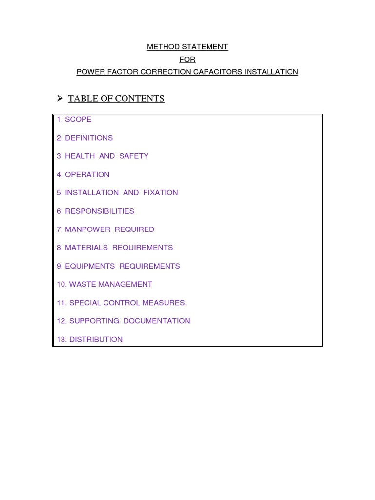 Table of Contents: Method Statement FOR Power Factor Correction ...