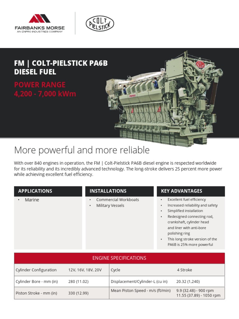 Colt Pielstick PA6B Data Sheet | PDF | Cylinder (Engine) | Diesel Engine