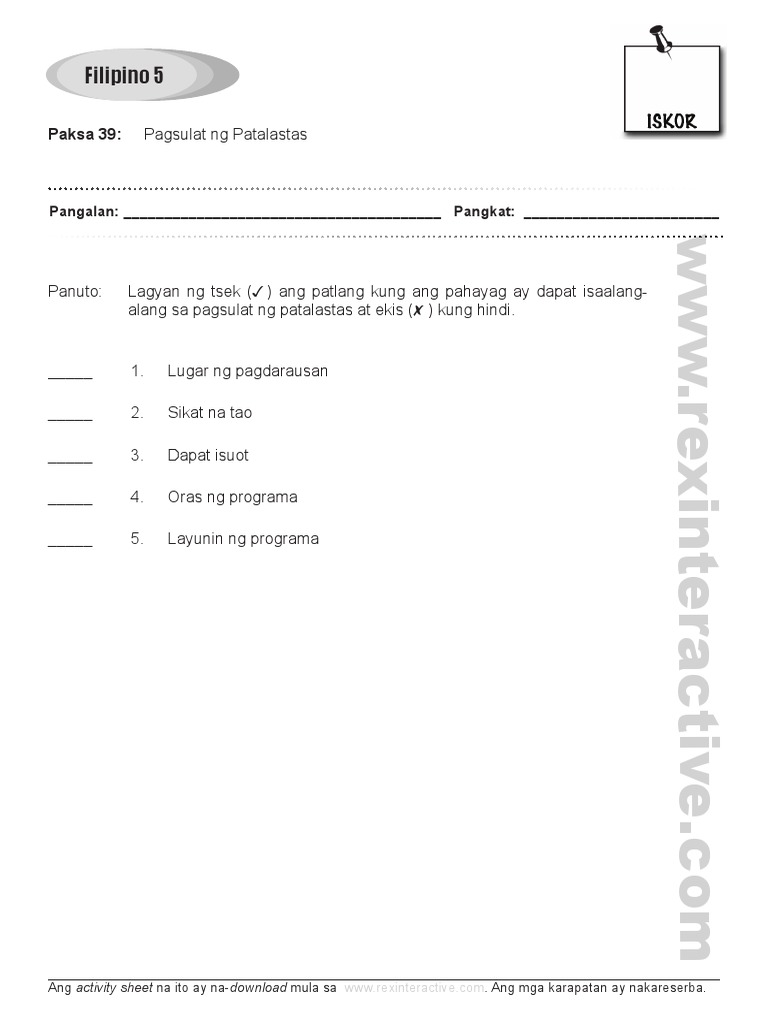 Activity Sheet Filipino 5 39 | PDF