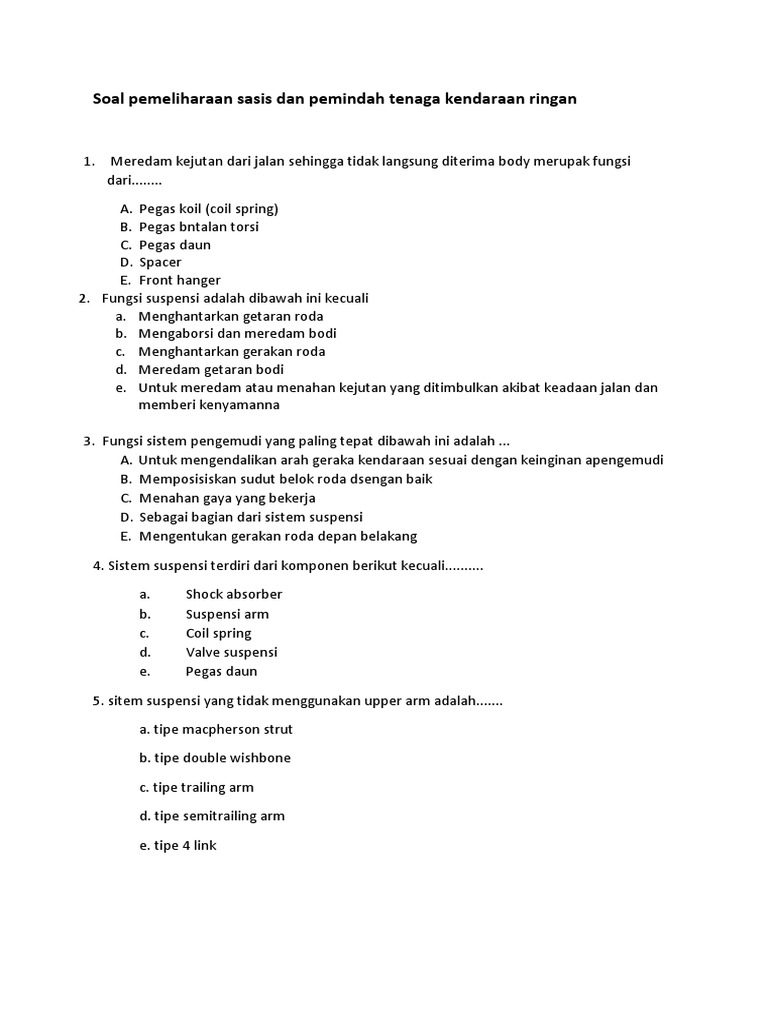 Soal Pemeliharaan Sasis Dan Pemindah Tenaga Kendaraan Ringan | PDF