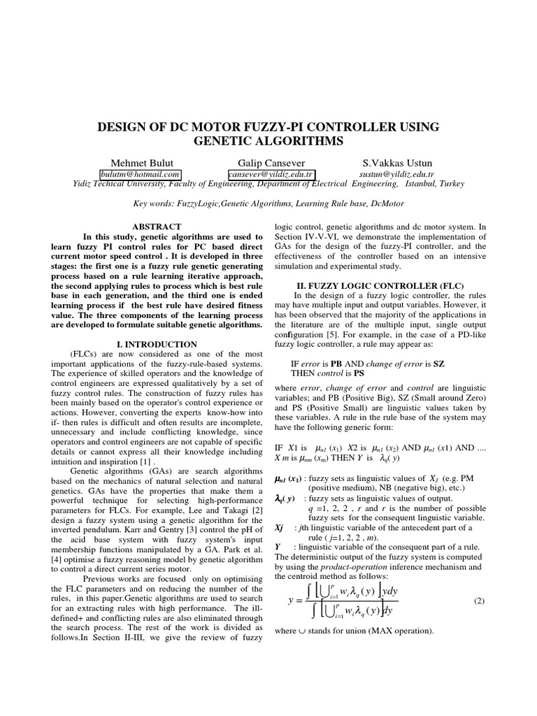 Design DC Motor Fuzzy-PI Controller Using Genetic Algorithms | PDF | Genetic Algorithm | Fuzzy Logic
