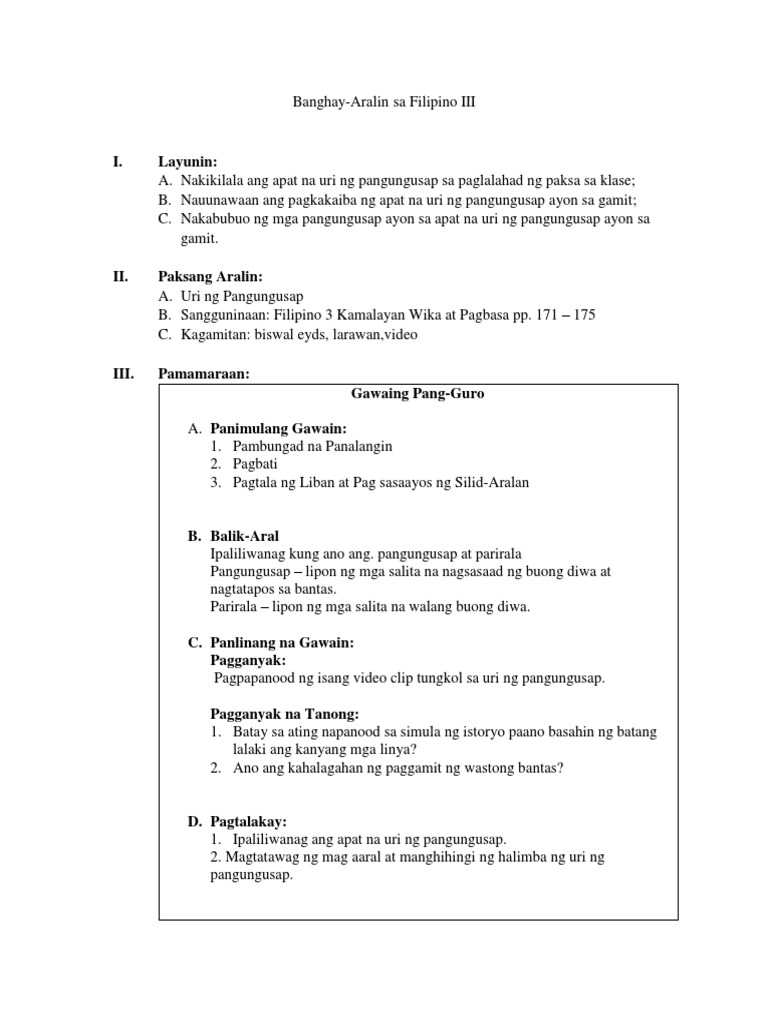 Banghay Aralin Sa Filipino 3 | PDF