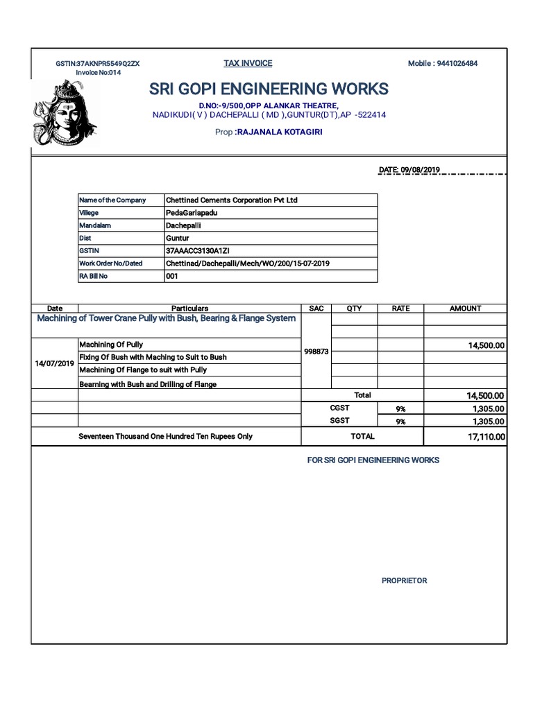 Crane Service Invoice for Chettinad | PDF | Business