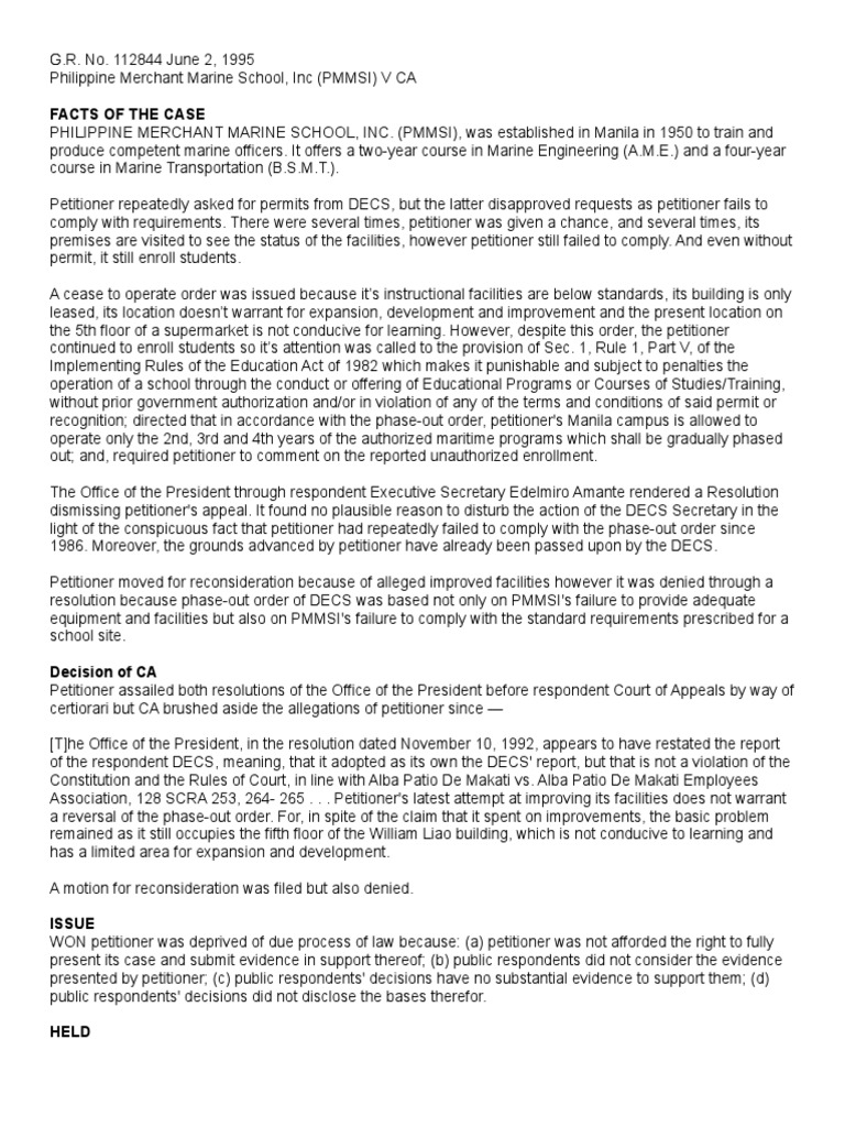 Philippine Merchant Marine School V CA Digest | PDF | Court Of Appeal ...