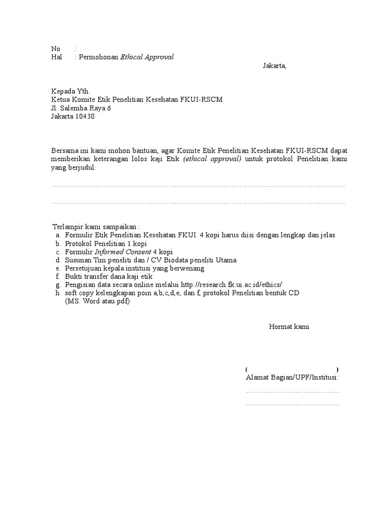 Surat Permohonan Ethical Approval | PDF