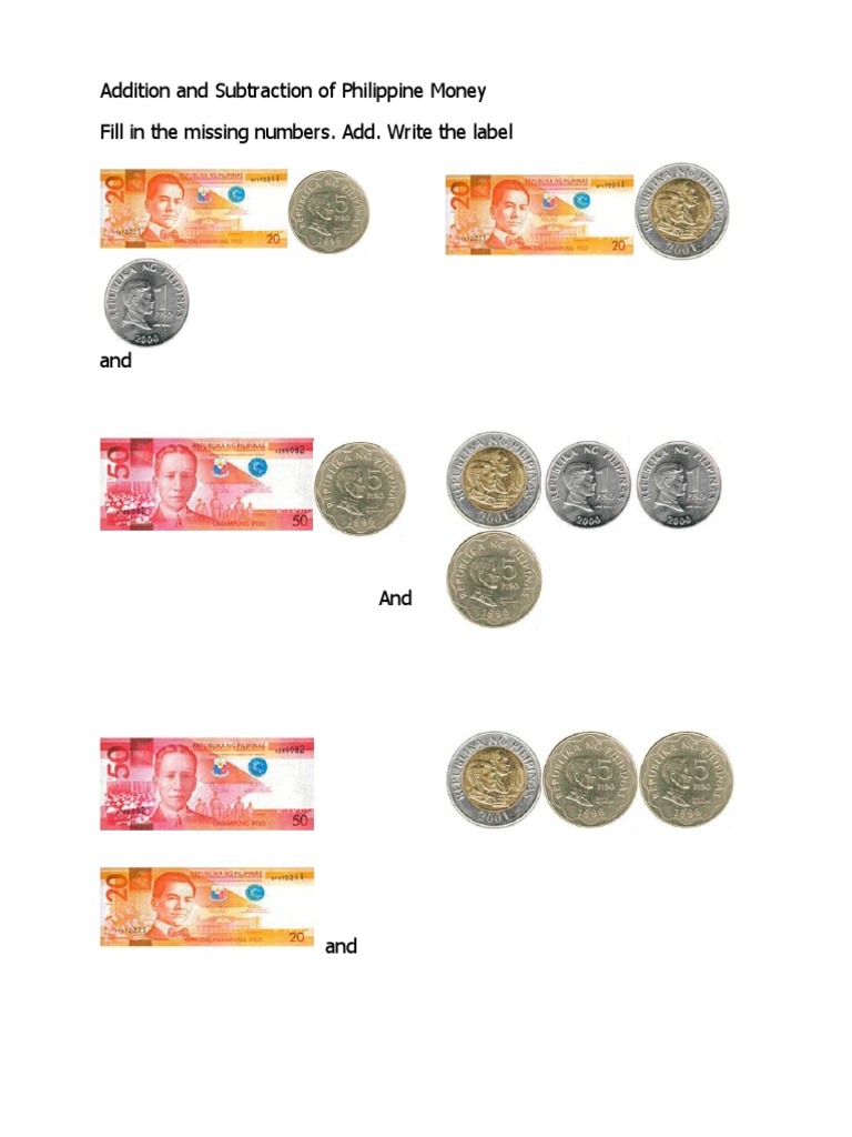 Philippine Money Addition & Subtraction | PDF