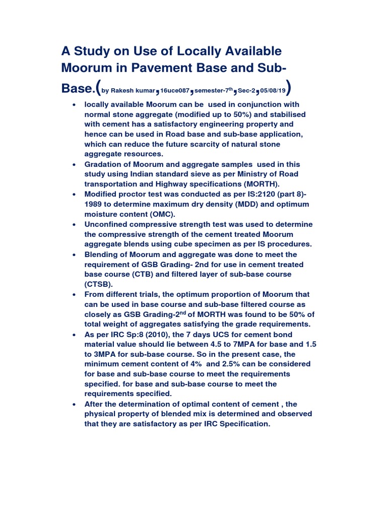 A Study On Use of Locally Available Moorum in Pavement Base and Sub ...