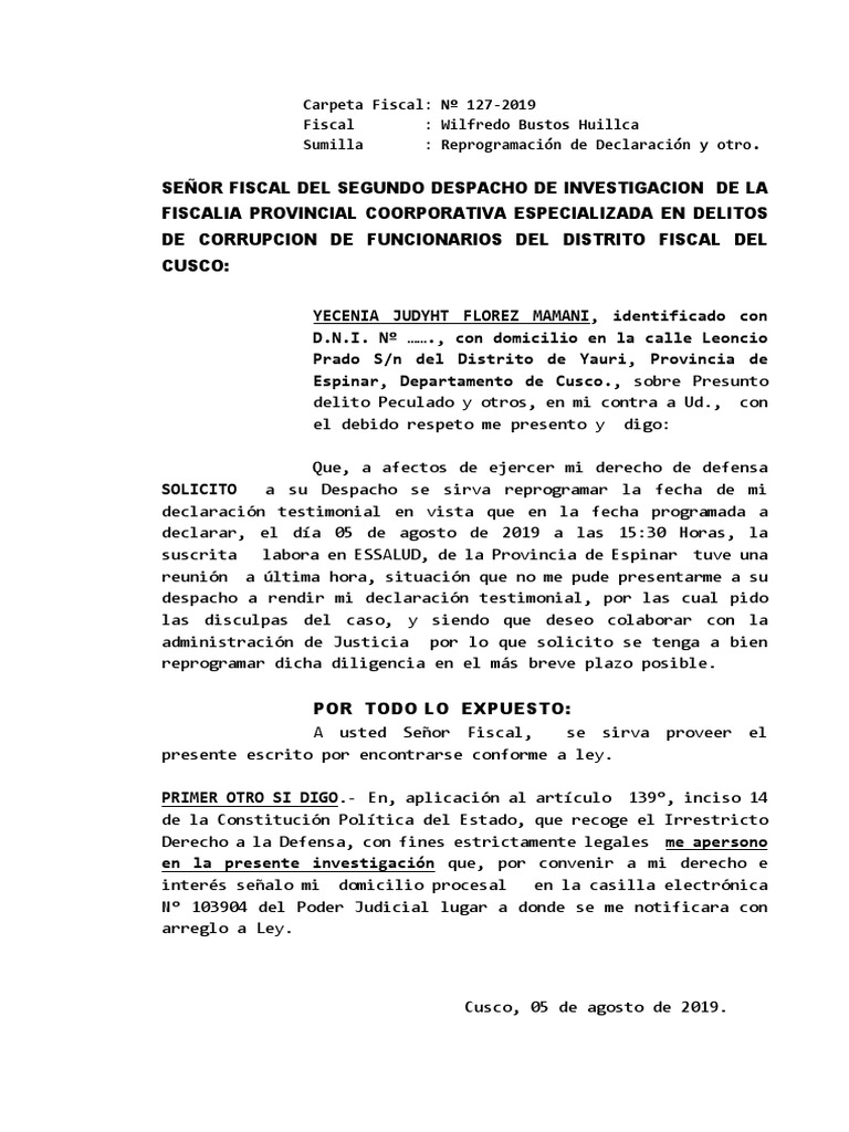 Escrito Solicita Reprogramacion de Declaracion | PDF | Finanzas y dinero | Ciencias sociales