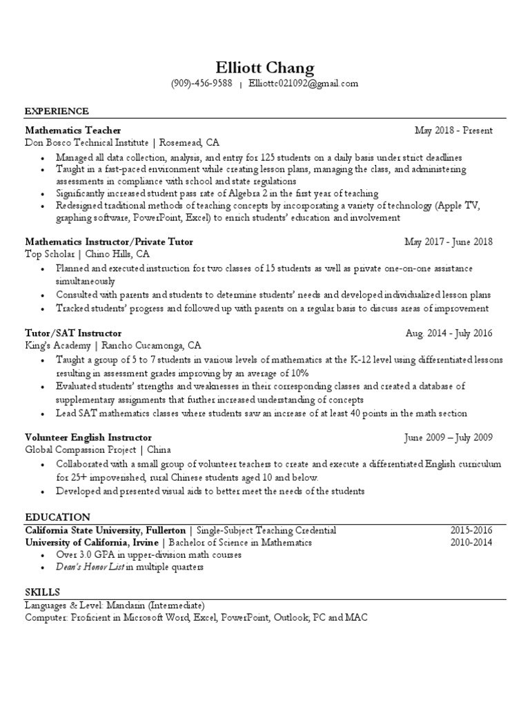Elliott Chang - Teaching Resume | PDF | Sat | Tutor
