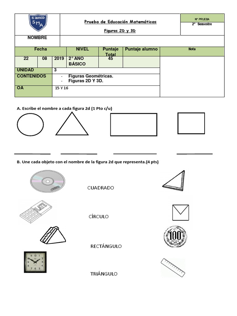 Prueba de Figuras 2D y 3D 2° Básico | PDF | Rectángulo | Triángulo