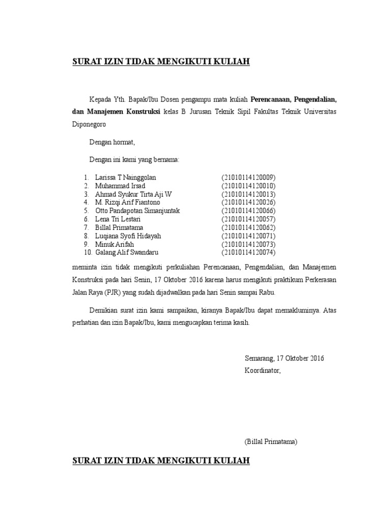Surat Izin Tidak Mengikuti Kuliah | PDF