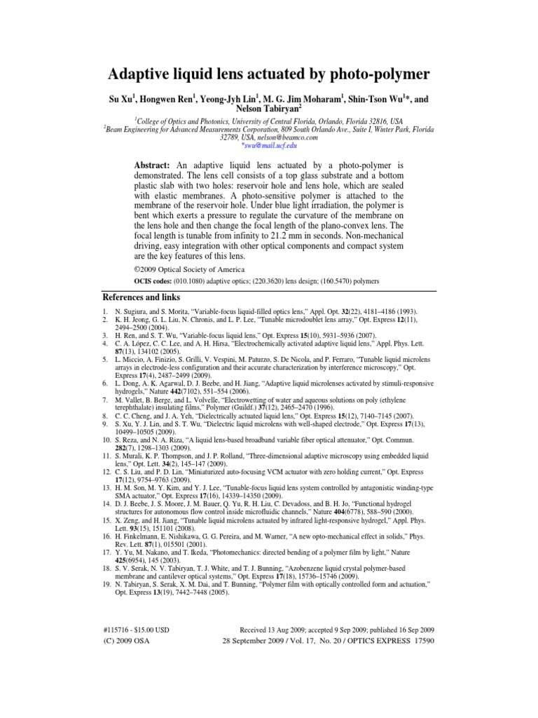 Adaptive Liquid Lens Actuated by Photo-Polymer | PDF | Lens (Optics) | Optics