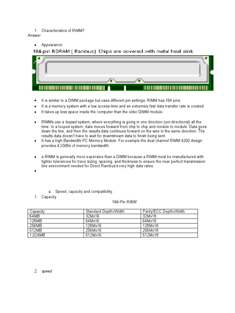 184-Pin RIMM Capacity | PDF | Computer Data | Electronics