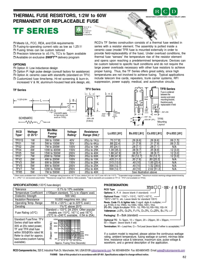 TF Series: Thermal Fuse Resistors, 1/2W To 60W Permanent or Replaceable ...