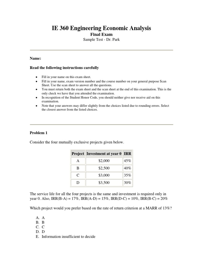 IE 360 Engineering Economic Analysis: Name: Read The Following ...