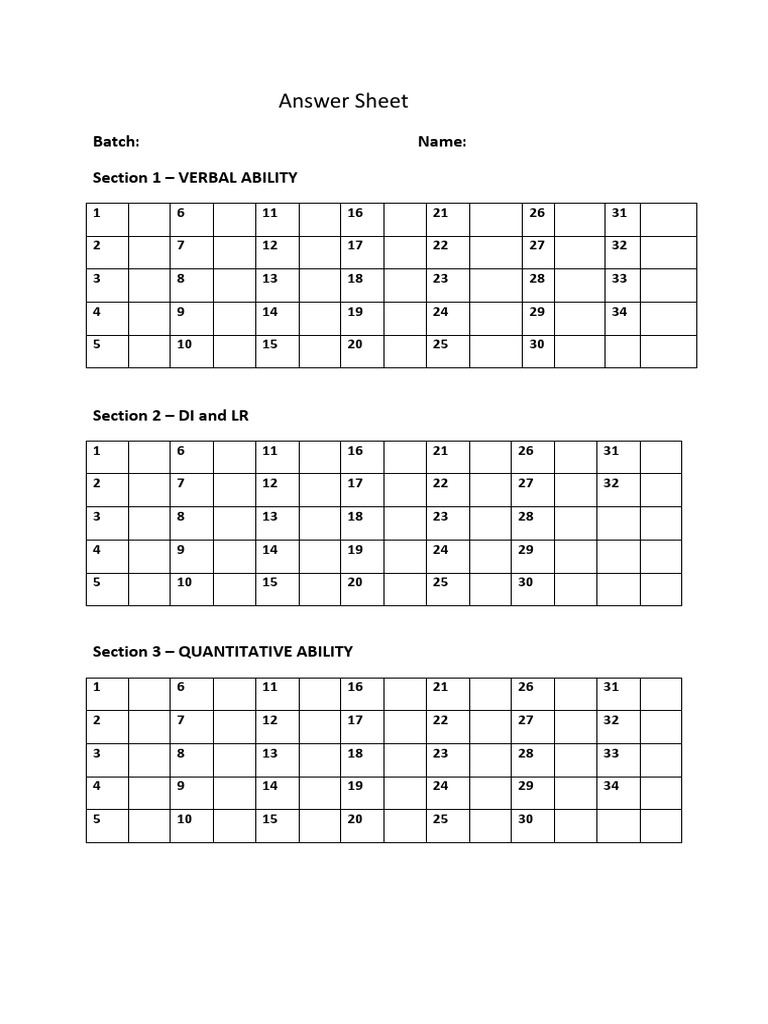 Answer Sheet: Batch: Name: Section 1 - Verbal Ability | PDF