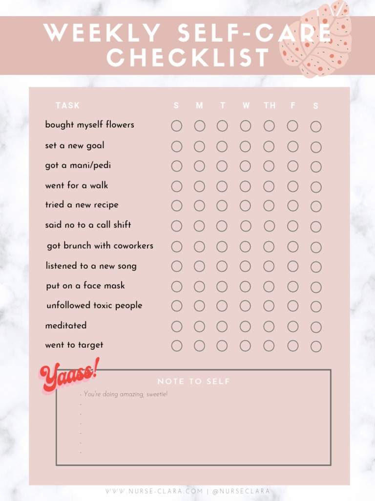 Weekly Self-Care Checklist | PDF | Health Care | Medical