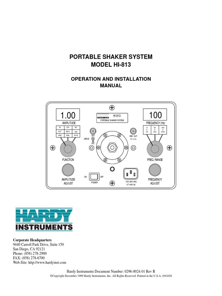 Portable Shaker System MODEL HI-813: Operation and Installation Manual ...