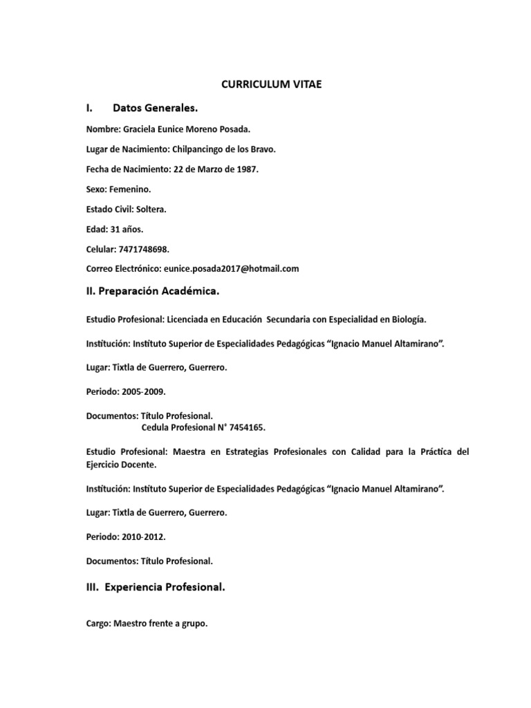 Curriculum Vitae Graciela Eunice Moreno Posada | PDF | Educación Secundaria | Plan de estudios