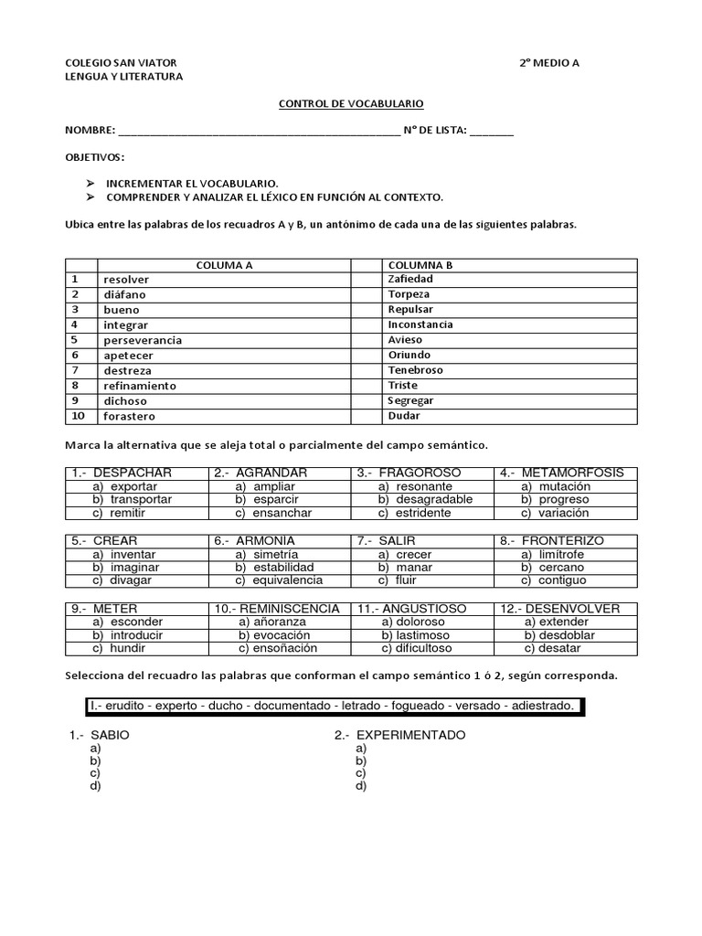 Prueba de Vocabulario Fila B | PDF