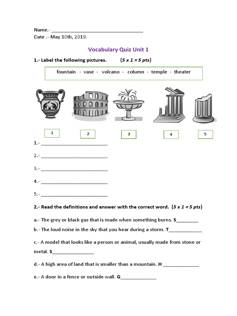 Vocabulary Quiz Unit 1: 1.-Label The Following Pictures. (5 X 1 5 PTS ...