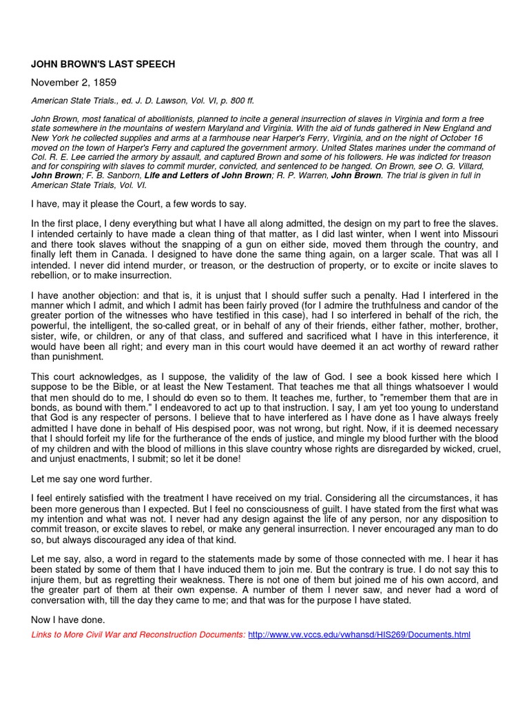 John Brown's Last Speech | PDF | John Brown (Abolitionist) | Justice