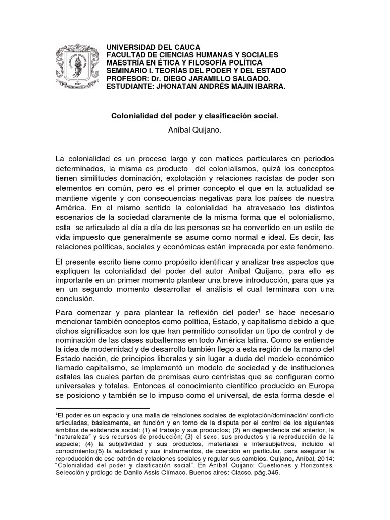 Colonialidad Del Poder y Clasificación Social. Aníbal Quijano. | PDF ...