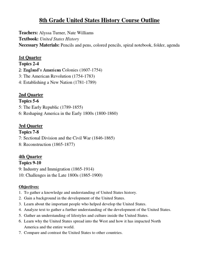 8th Grade US History Course Outline | PDF | Social Science
