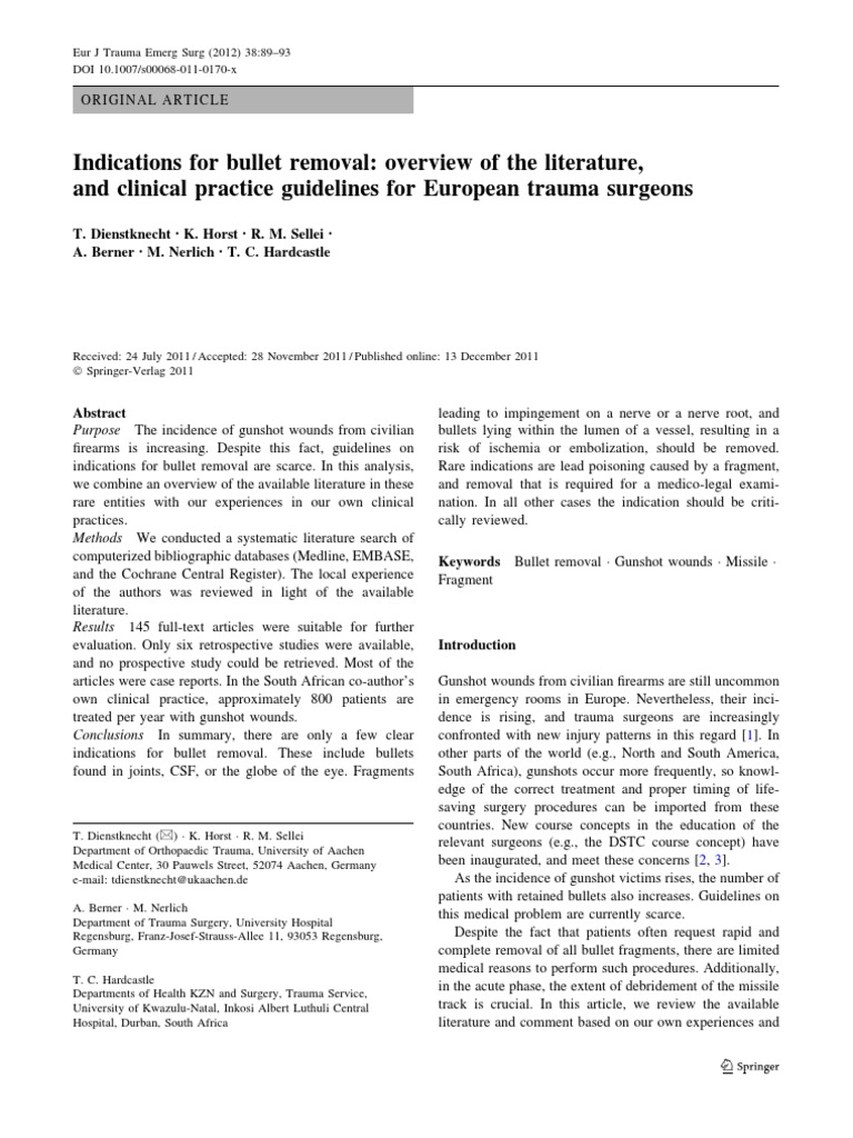 Indications For Bullet Removal: Overview of The Literature, and ...