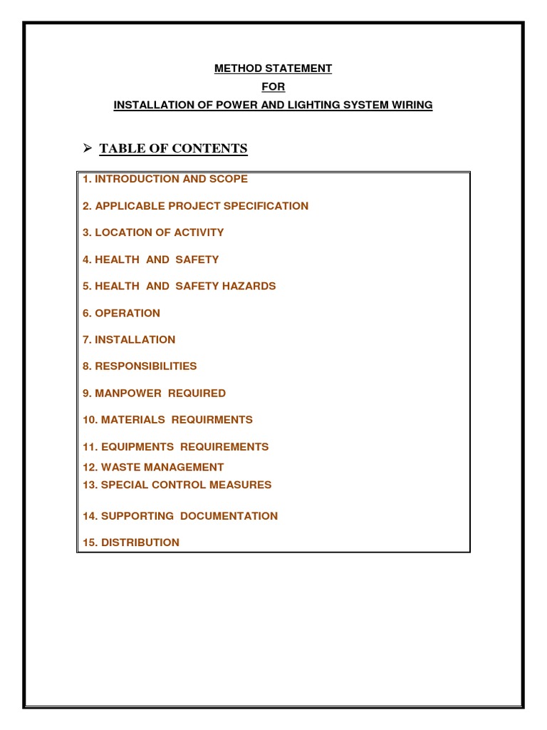 Table of Contents: Method Statement FOR Installation of Power and ...