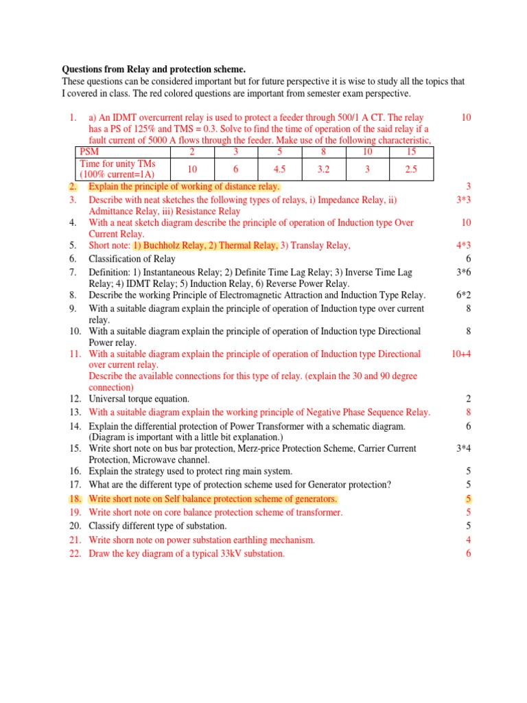 Questions From Relay and Protection Scheme | PDF | Electrical ...