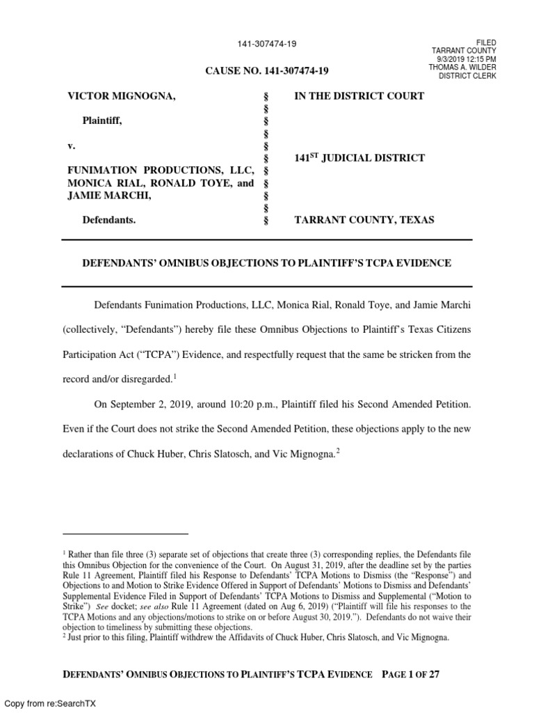 Funimation, Monica Rial and Ron Toye, Jamie Marchi Defendants' Omnibus ...