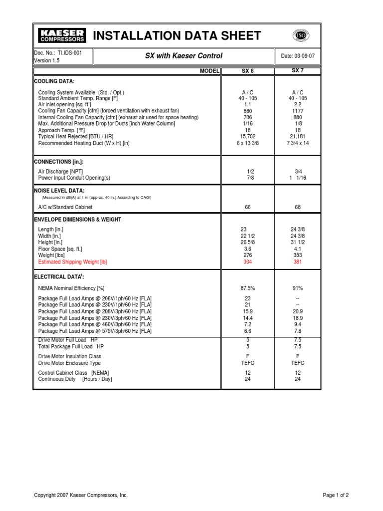 Installation Data Sheet: SX With Kaeser Control | PDF | Air ...