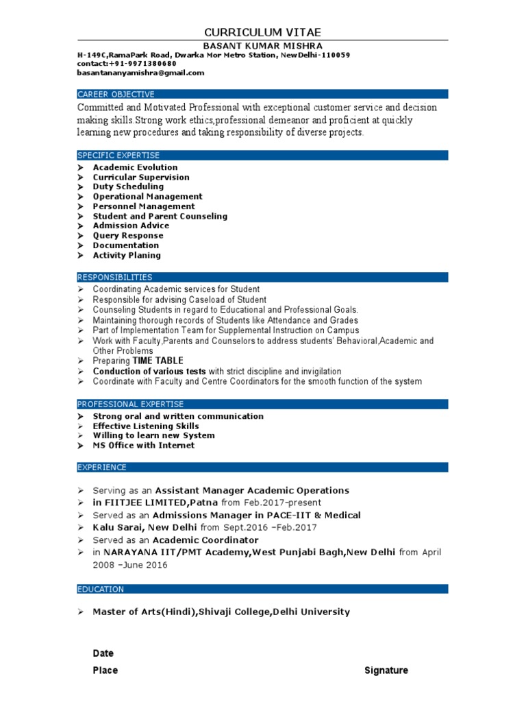 Curriculum Vitae: Basant Kumar Mishra | PDF | Career & Growth | Business