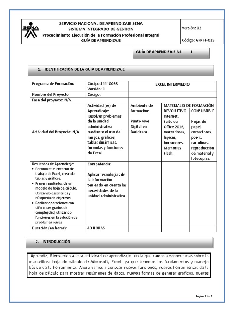 GFPI-F-019 - Formato - Guia - de - Aprendizaje Excel Intermedio | PDF | Microsoft Excel | Tabla ...