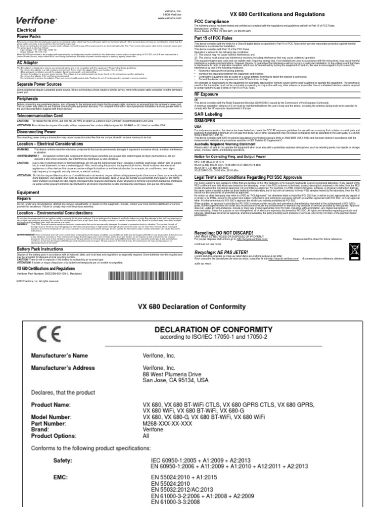 VeriFone DOC268-001-En-Revisão I (2018) - Vx680 Certifications and Regulations | PDF ...