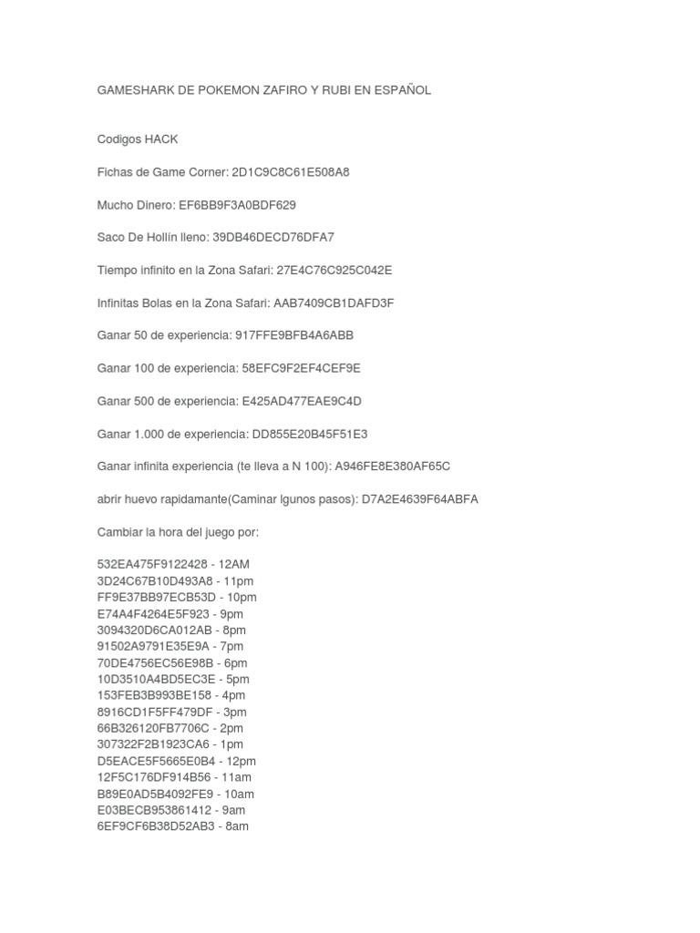 Gameshark de Pokemon Zafiro y Rubi en Español | PDF | Naturaleza